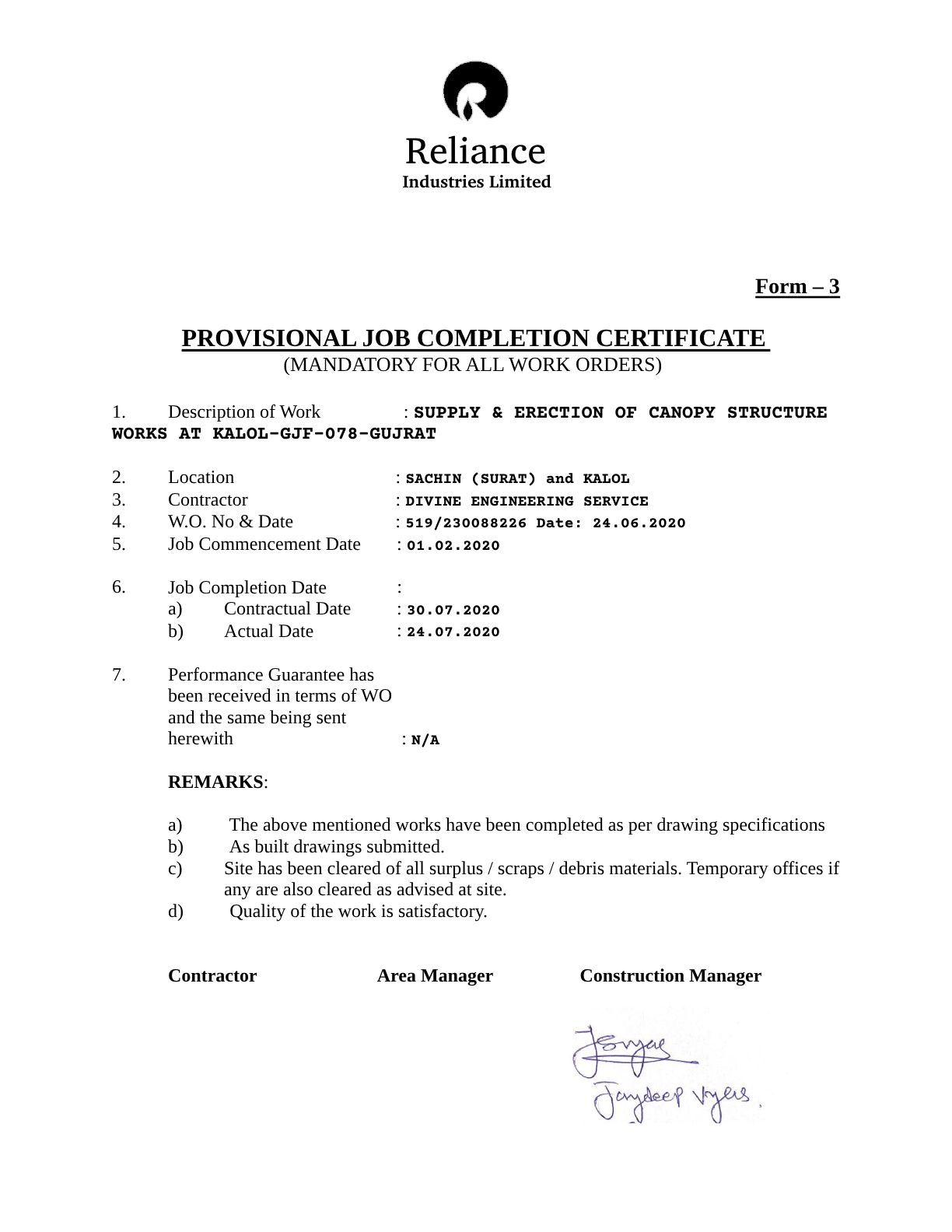 Endorsement - Divine Engineering Services Pvt Ltd