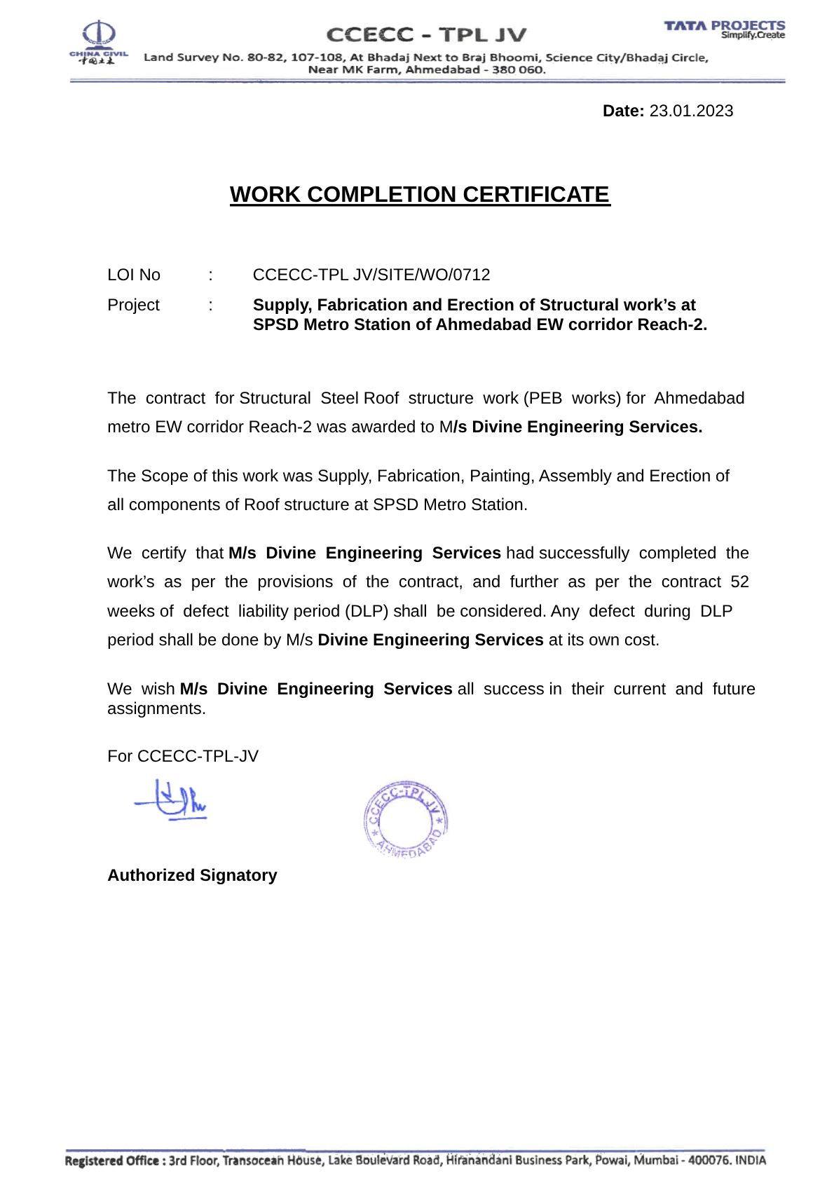 Endorsement - Divine Engineering Services Pvt Ltd